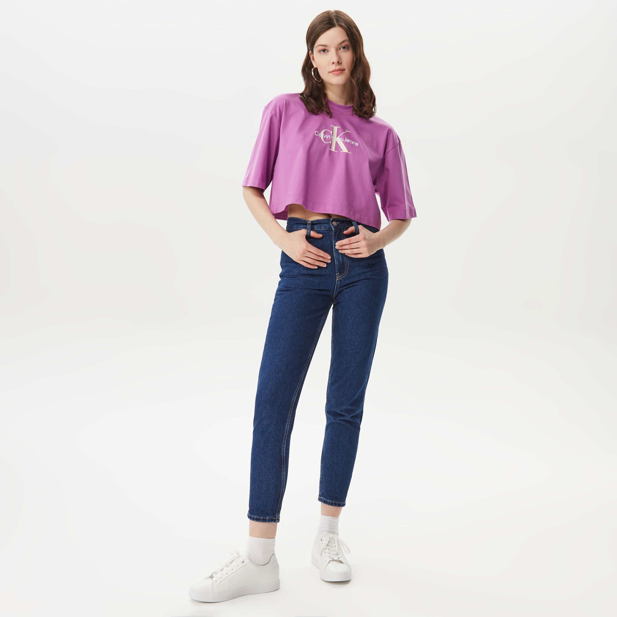 Calvin Klein Jeans Archival Monologo Cropped Kadın Mor T Shirt Kadin T